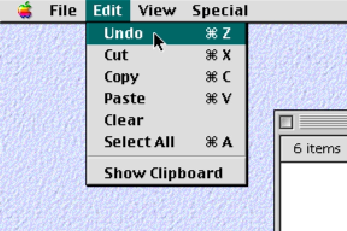 Le menu « Annuler » du Finder de Copland – Les trésors de l'Aventure Apple
